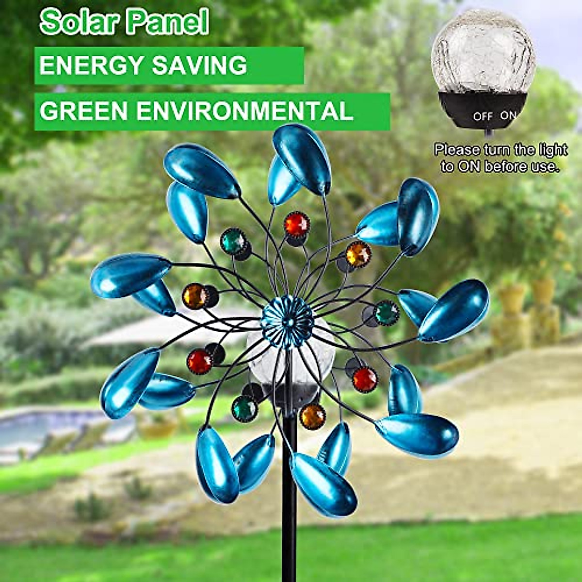 Glintoper Solar Wind Spinner, Outdoor Metal Stake Yard Spinners, Jewel Cup Garden Wind Catcher Windmill for Mom, Color Changing Glass Ball, Mothers Day Ideal Gifts, Dual Direction for Patio Lawn Yard