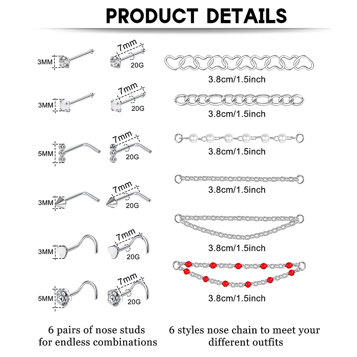 TEN MIRO Nose Chain Piercing Across Nose Surgical Steel Nostril Piercing Jewelry CZ L Shaped Nose Studs and Heart Chain 20g Nose Chain Piercing for Women(3.8MM)