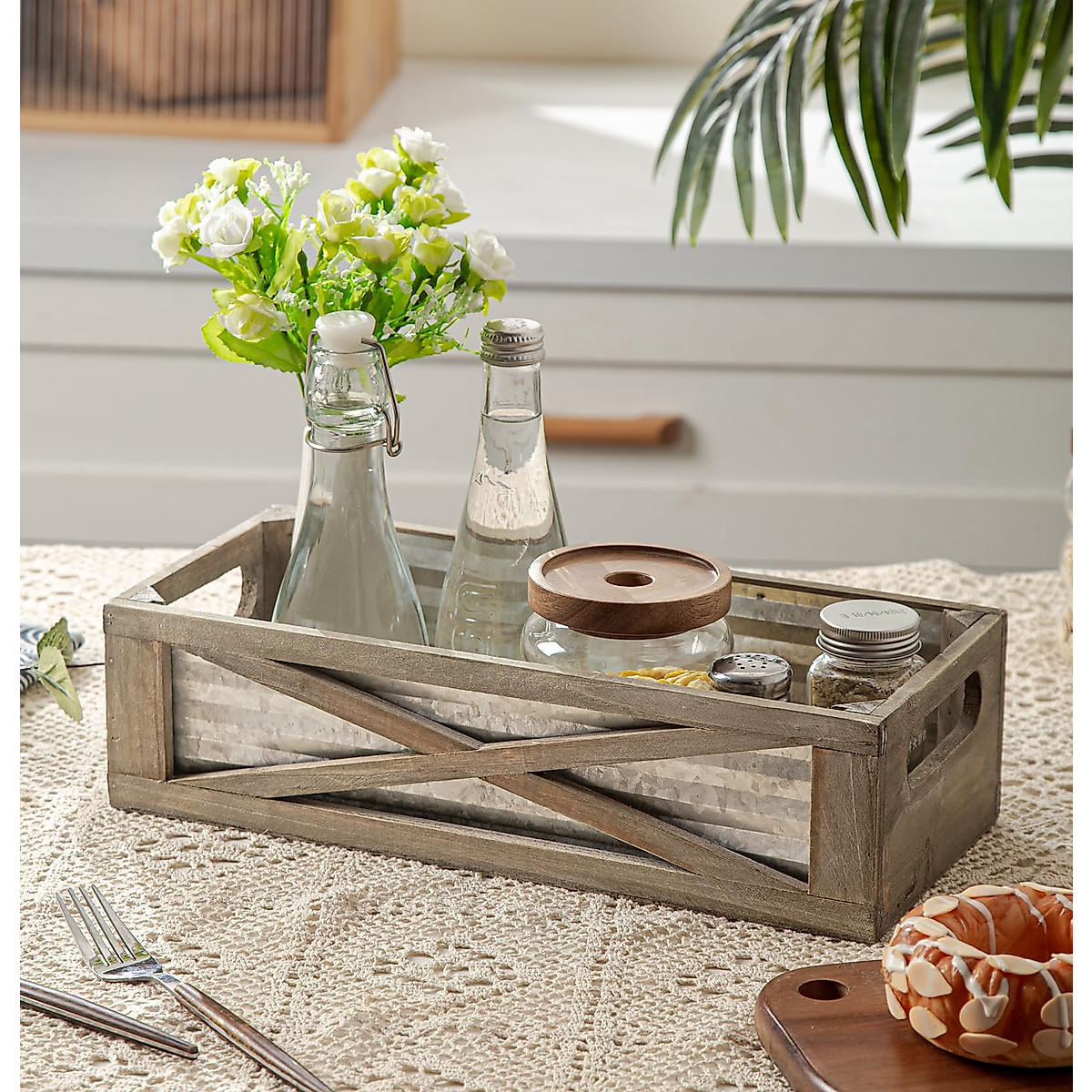 Venalys Wooden Toilet Tank Basket, Rustic Bathroom Decor Box, Farmhouse Toilet Paper Organizer Holder, Decorative Bathroom Storage Basket, Barn Door (Gray)