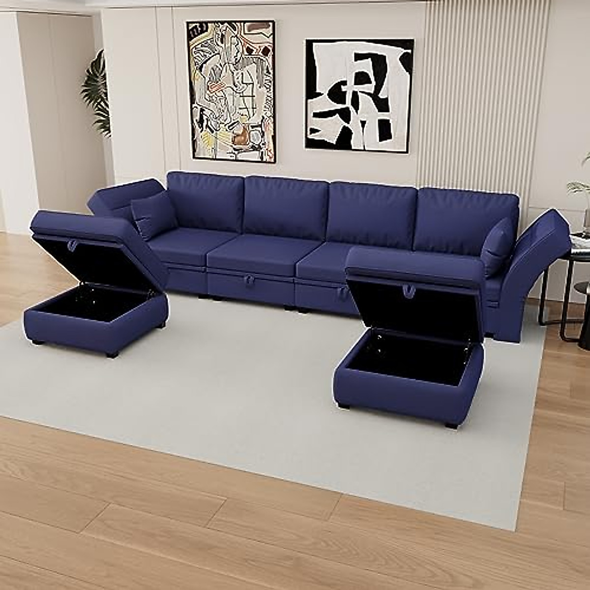 Xshelley Modular Sectional Sofa Couch with Storage Seat, U-Shaped Sectional Sofa with Lounge Chaise & Movable Ottoman, Living Room Furniture Sets (Blue)