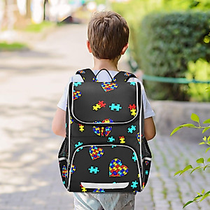 XUWU Custom Personalized Autism Awareness Colorful Puzzle Backpack with Reflective Strip for Kids Boys Girls Elementary School Bag Removable Chest Strap