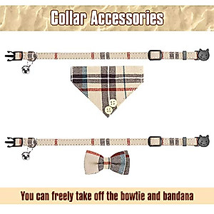 Bow Tie Cat Collar Bandana - 2 Packs Classic Plaid Check Ginham Cat Collars with Scarf and Bowtie - Adjustable Size with Bell - Perfect for Cats Puppy Small Dogs