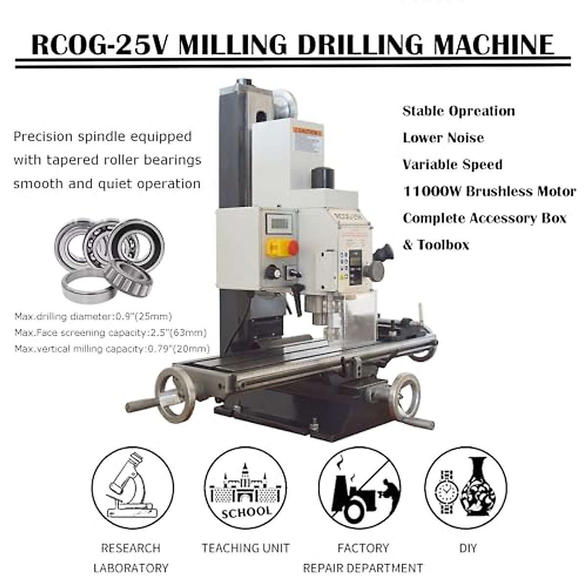 INTBUYING Benchtop Mini Milling Drilling Machine R8 High Precision Mill Drill Machine Micro Variable Speed Power Mill Drill Press 1100W Brushless Motor Industrial Wood Metal Hobby Milling Machine 110V