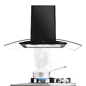 36" Range Hood, GASLAND Chef GR36BS Glass Wall Mount Range Hood Black, 3 Speed 350 CFM Ducted Kitchen Hood with LED Lights, Sensor Touch Control, Convertible Chimney, Aluminum Filter