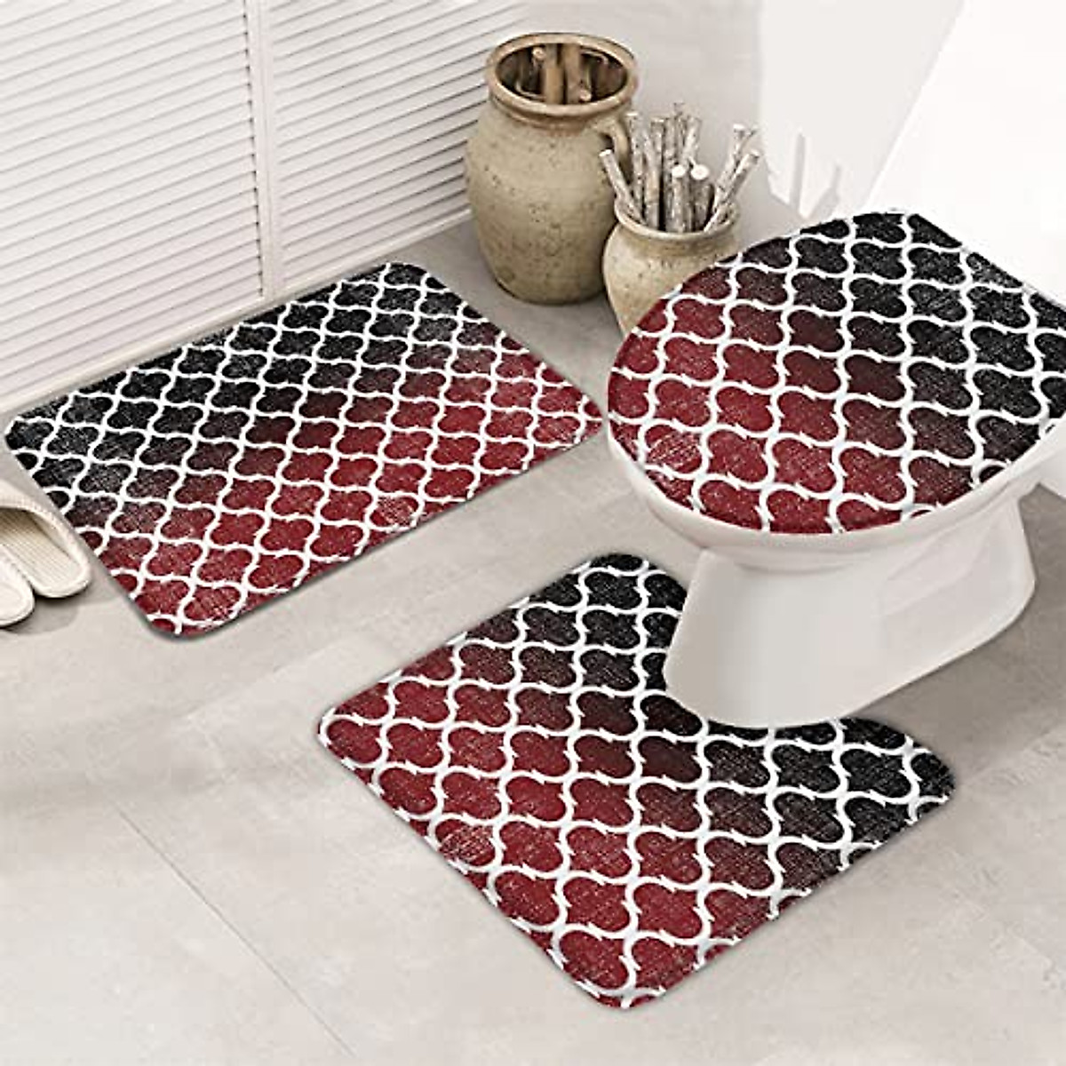 Bathroom Rugs, Memory Foam Bath Mat Bathroom Set, Gradient Red Black Moroccan Pattern Bath Rugs Bathroom Accessories, Home Decor Non-Slip Absorbent Soft Bath Mats for Bathroom, Tub, 3 Pieces