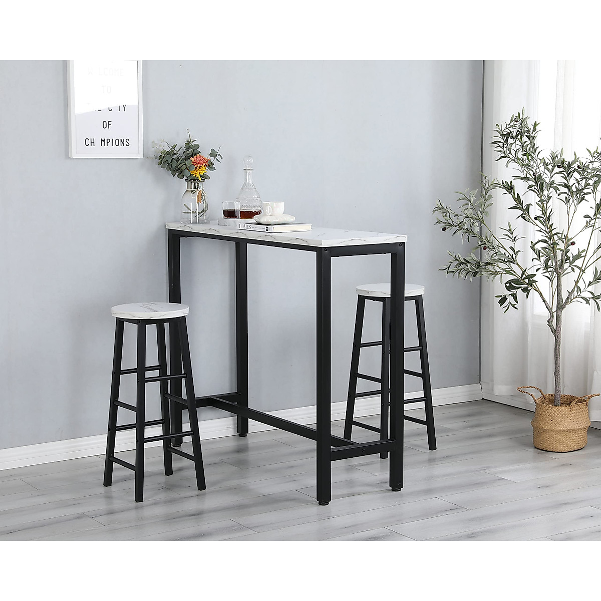 DiMorture Bar Table and Chairs Set Modern Counter Height Pub Table with 2 Stools, 3 Piece Marble Pattern Top & Metal Frame Bar Table Set Dining Table Set Home Kitchen Breakfast Table, White