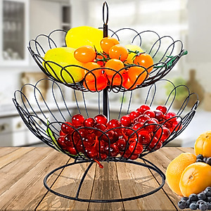 2 Tier Kitchen Countertop Fruit Basket Bowl for Bread Vegetables Snack Storage, Removable Organizer Shelf Storage Rack, Modern Design Tiered Fruit Holder Stand，for Gifts Home Party（black）