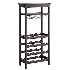 FOTOSOK Bamboo Floor Wine Rack, Freestanding Wine Bottle Organizer Shelves with Glass Holder Rack,16 Bottles, Wobble-Free Wine Display Storage Stand with Table Top for Kitchen Dining Room, Espresso