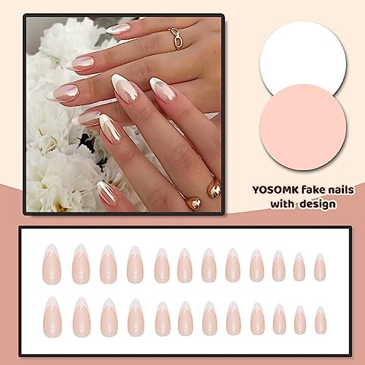 YOSOMK French Tip Press on Nails Almond Medium Fake Nails with Chrome Designs Glossy Nude False Nails Mirror Glue on Acrylic Nails for Women
