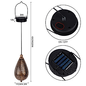 MAGGIFT 2 Pack Solar Hanging Lights, Solar Powered Decorative Retro Lantern with Handle, Warm White LED Christmas Garden Boho Flower Lights, Metal Drop Shape Waterproof Outdoor Yard Tree Fence Patio