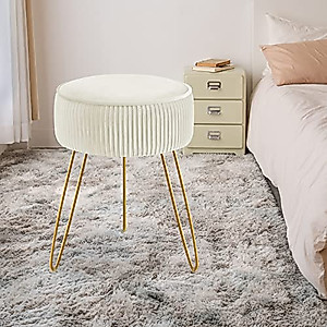 GERANT Multifunctional Vanity Stool,Modern Vanity Stools for Makeup Room,Velvet Round Ottoman Footrest Stool with Metal Legs, Upholstered Pleated Vanity Chair Stool for Living Room,Office(Beige)