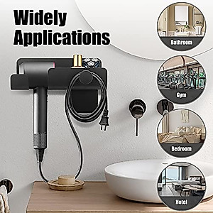 Self-Adhesive Hair Dryer Holder, Wall-Mounted Organizer Blow Dryer Holder for Bathroom, Hair Dryer Rack Styling Care Tool Hair Organizer Storage with Hair Brush Storage Holder (Gray)