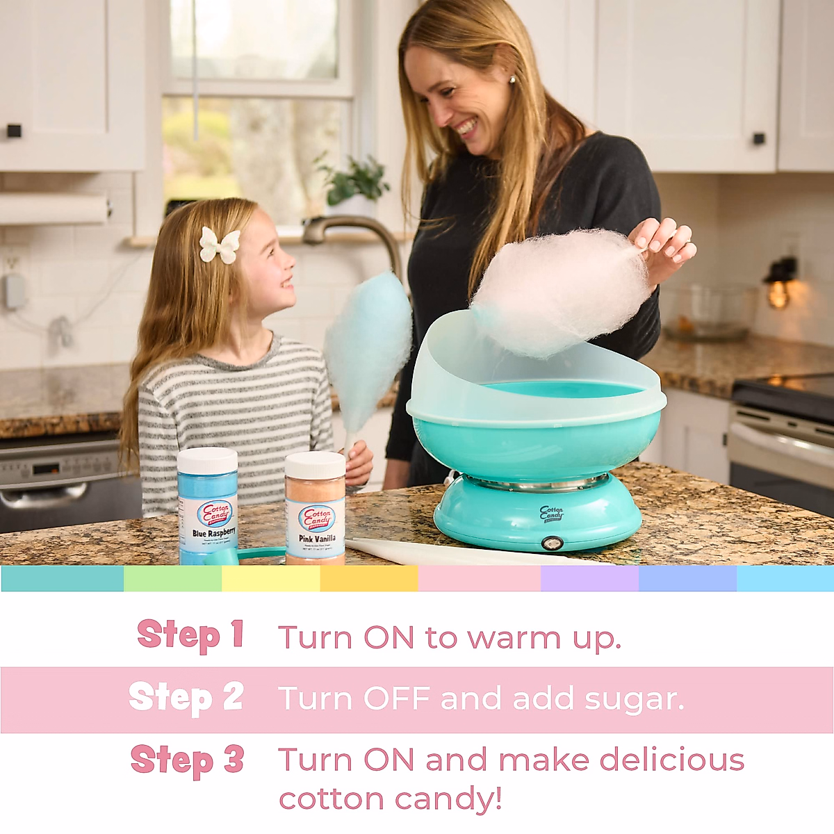 Cotton Candy Express CC1000-S Cotton Candy Machine, with 3 - 11oz. Jars of Cherry, Grape, Blue Raspberry, Orange, Pink Vanilla Floss Sugar & 50 Paper Cones Easy to Use and Clean