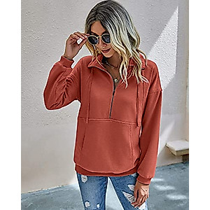 PRETTYGARDEN Women’s Casual Long Sleeve Lapel Zipper Sweatshirt Drawstring Loose Pullover Tops Orange Red