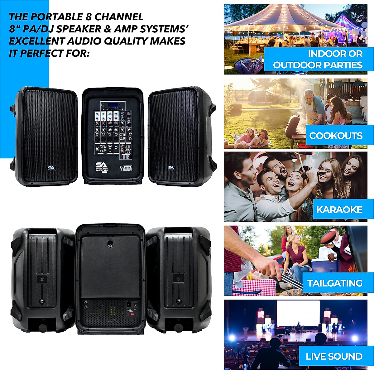 Seismic Audio - SA-KPTVL8 - Portable 8 Channel 500 Watt 8 Inch PA/DJ Speaker & Amplifier System with Bluetooth