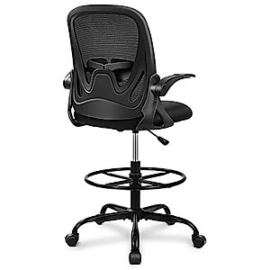 Primy Drafting Chair Tall Office Chair with Flip-up Armrests Executive Ergonomic Computer Standing Desk Chair with Lumbar Support and Adjustable Footrest Ring (Black)