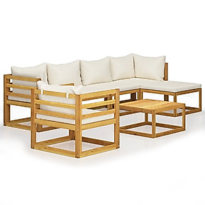 vidaXL Patio Lounge Set 7 Piece, Sectional Sofa for Outdoor Garden, Patio Furniture with Cushion, Coffee Table, Modern Style, Cream Solid Acacia Wood