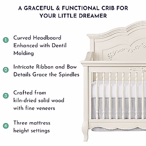 Evolur Aurora 5-In-1 Convertible Crib In Ivory Lace, Greenguard Gold Certified, Features 3 Mattress Height Settings, Sturdy And Spacious Baby Crib, Wooden Furniture