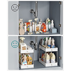 SONGMICS Under Sink Organizers and Storage, 2-Tier Bathroom Organizer Under Sink, Under Cabinet Storage, Kitchen Cabinet Organizers and Storage, 15.7 x 8.7 x 12.2 Inches, White UBUO001W01