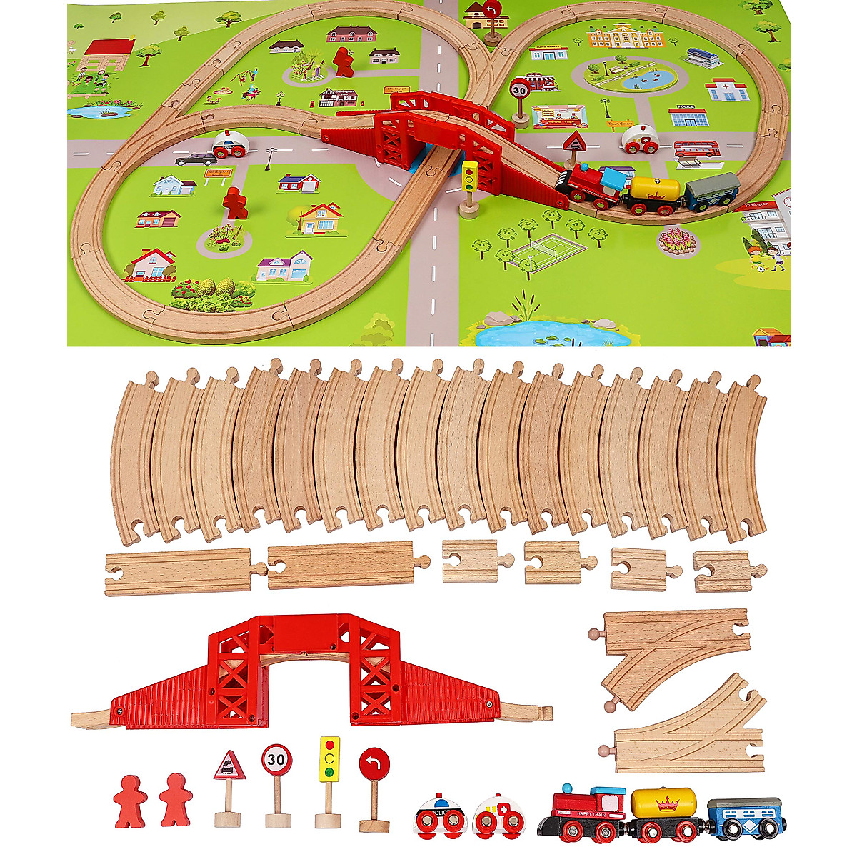 Wooden Train Set with Town Map-Shinington Railway Track Construction Building Toys for 3 Years Old Kids Boys Girls-Vehicles Transport Wooden Toys Gift for Toddlers 3 4 5 Years Old