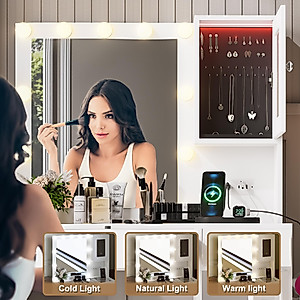 Ksuefao Vanity Desk with LED Lighted Mirror & Charging Station, Makeup Vanities Table with 2 Drawers for Bedroom, Storage Bench Included, White
