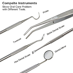 5 Pcs Dog Dental Tooth Scaler and Scraper Set with PU Carry Case, Including 2 Double-Headed Tartar Remover,1 Tooth Scraper, 1 Tweezers and 1 Mouth Mirror, Pet Teeth Cleaning Tools for Dog and Cat