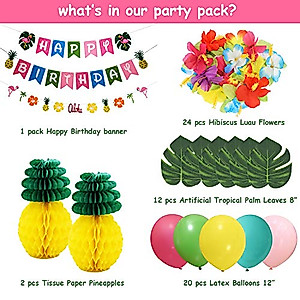 THAWAY Hawaiian Flamingo Pineapple Decor Luau Party Supplies Birthday Decorations includes Birthday Banner, Artificial Tropical Palm Leaves, Hibiscus Flowers, Tissue Paper Pineapples, Party Balloons