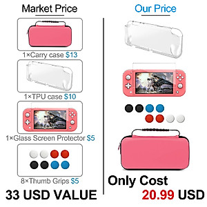 Accessories Bundle Compatible with Nintendo Switch Lite Carry Case & TPU Protective Case Cover & Thumb Grip Covers & Screen Protector - Coral
