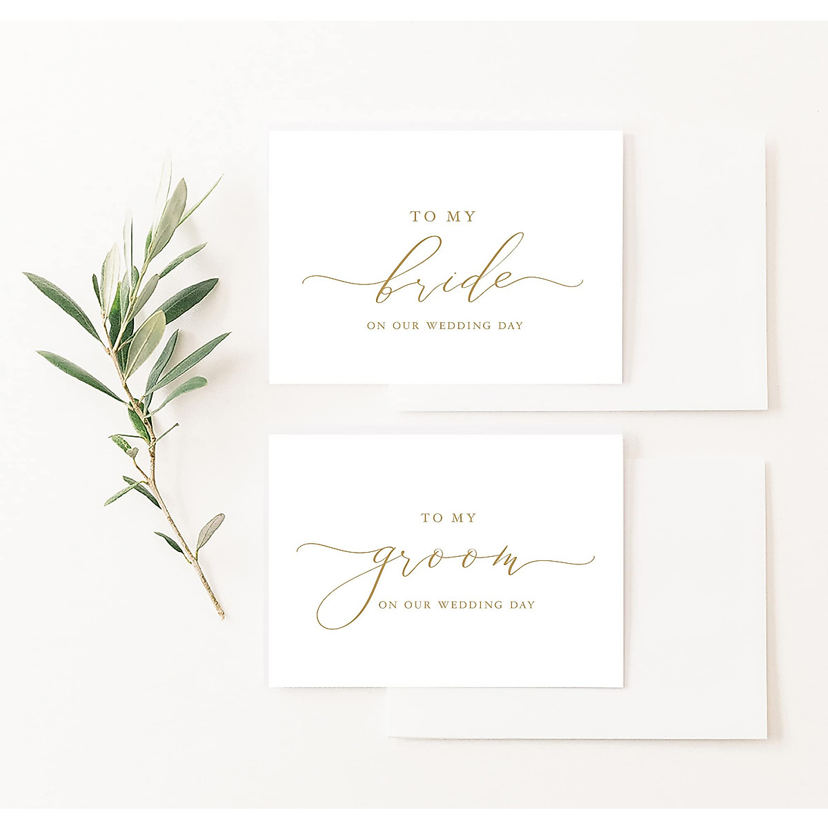To My Bride To My Groom On Our Wedding Day Card 4x5.5 Folded White Card with Gold Caligraphy with Gold Foil Lined Envelopes 2 Card Set Vow Cards Elegant Minimalist Style Wedding Cards