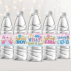 39 Pieces Baby Gender Reveal Water Bottle Labels Gender Reveal Party Favors Baby Shower Water Bottle Stickers Wrappers Waterproof He or She Baby Shower Labels for Baby Gender Reveal Party Decoration