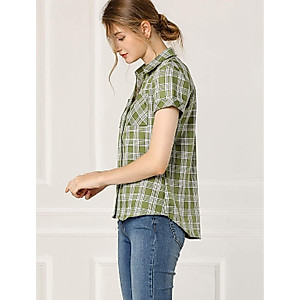 Allegra K Women's Cotton Classic Button Down Western Plaid Shirt Small Light Green