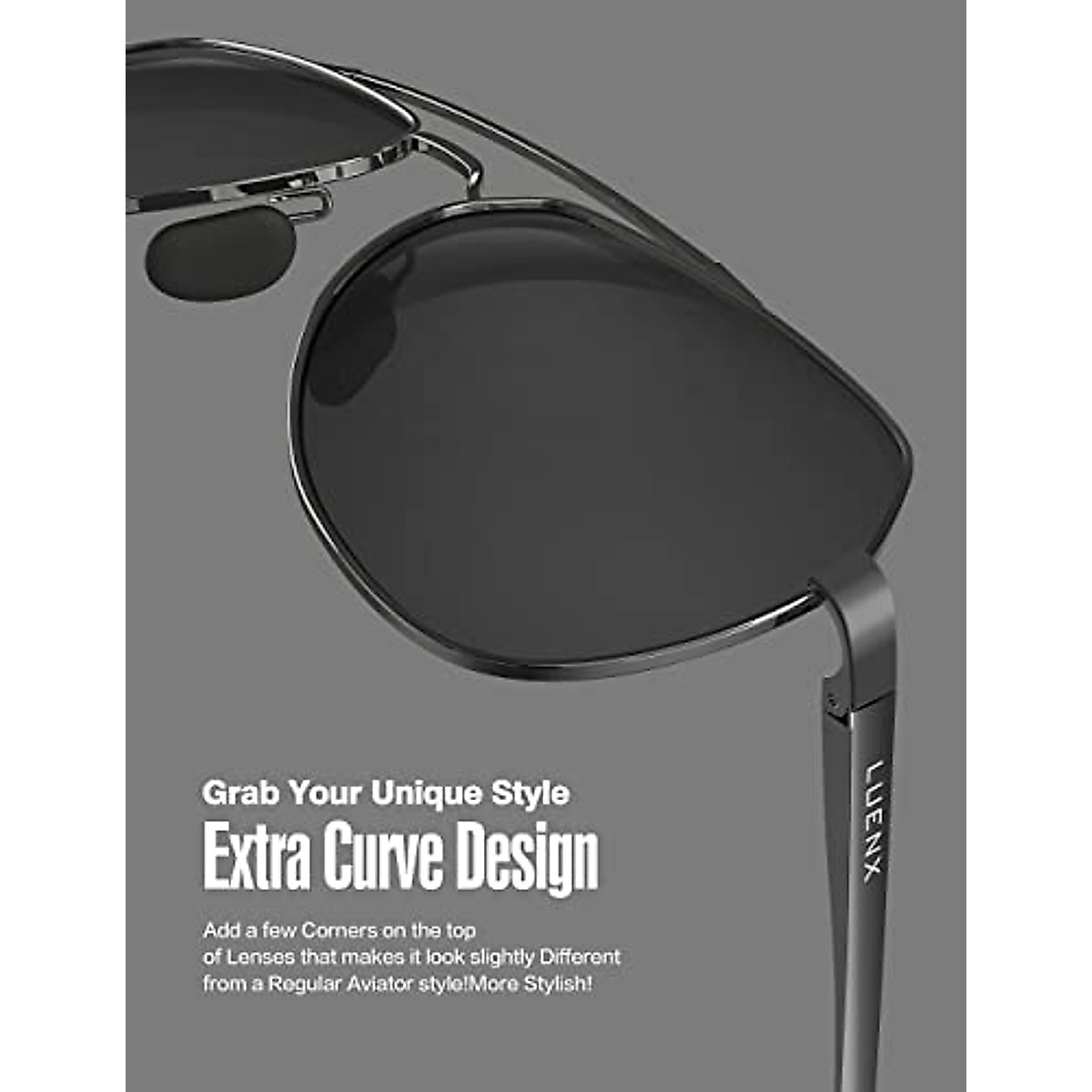 LUENX Men Women Aviator Sunglasses Polarized Shades Flexible Spring Hinge - Black Lens Gunmetal Metal Frame 60mm