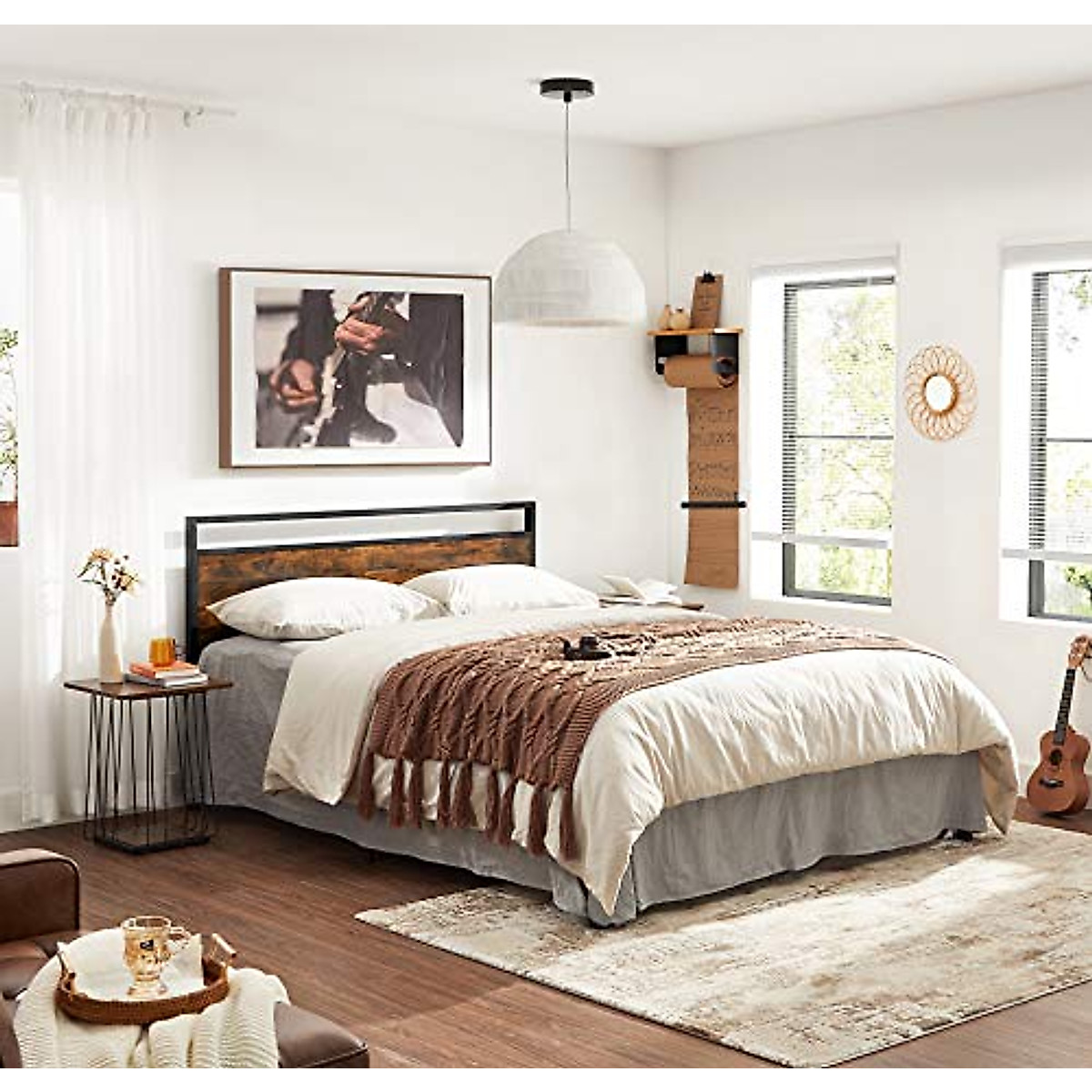 VASAGLE Full Size Metal Bed Frame with Headboard, No Box Spring Needed Platform Bed, Under-Bed Storage, Industrial Style, Rustic Brown and Black URMB912B01