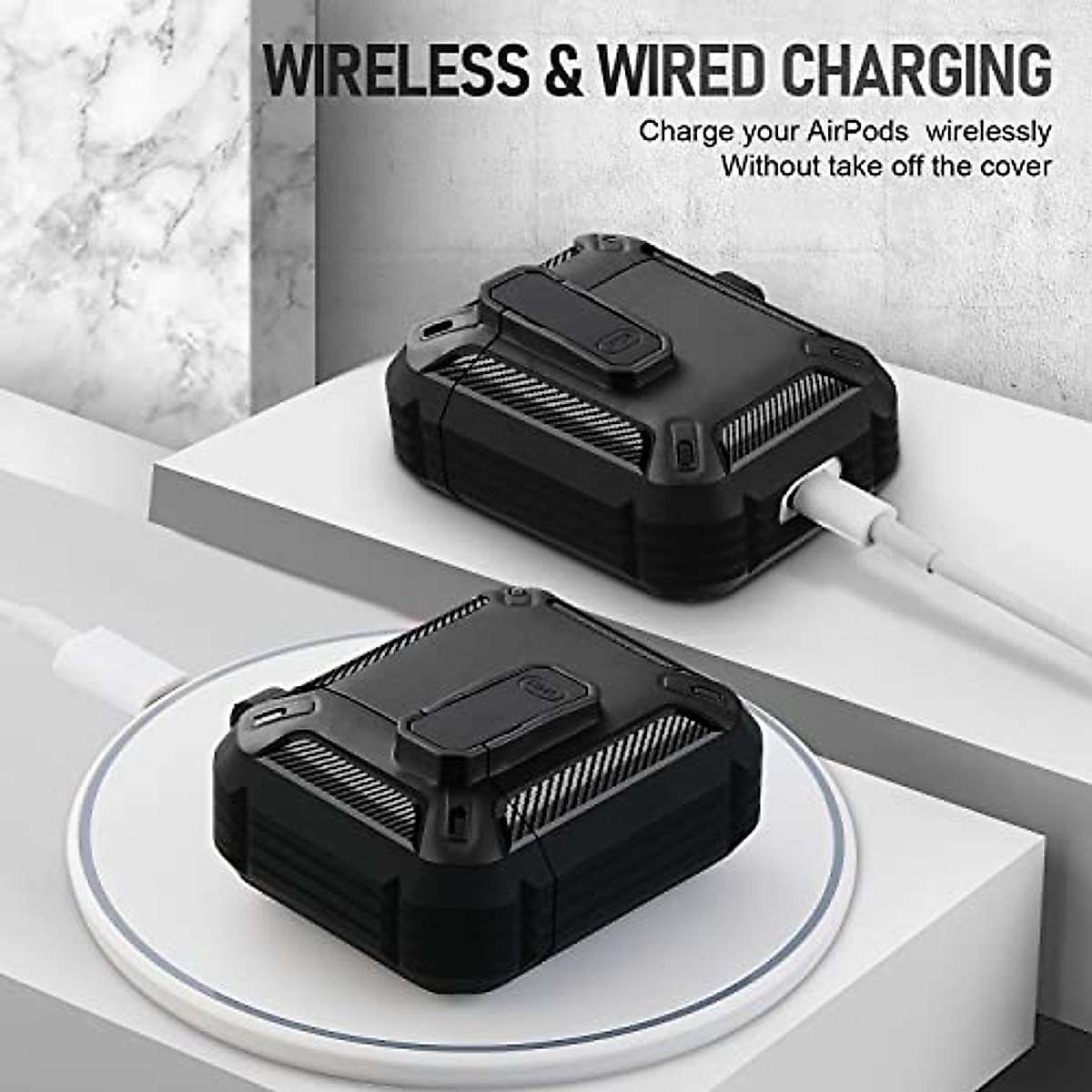 Youskin Airpod 1st Generation Case Secure Lock Clip Case,Carbon Fiber Airpod 1&2 Case Military Armor Series Full-Body Rugged Hard Shell Airpod 2nd Generation Case for Men Women with Keychain,Black