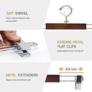 Nature Smile Solid Wooden Skirt Pants Hangers 20 Pack,Premium Wood Bottom Shorts Hangers for Slacks Trousers with Larger Adjustable Anti-Rust Clips (Retro)