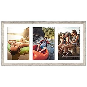Americanflat 8x16 Collage Picture Frame in Driftwood - Displays Three 5x7 Frame Openings - Engineered Wood Panoramic Picture Frame with Shatter Resistant Glass, Hanging Hardware, and Easel