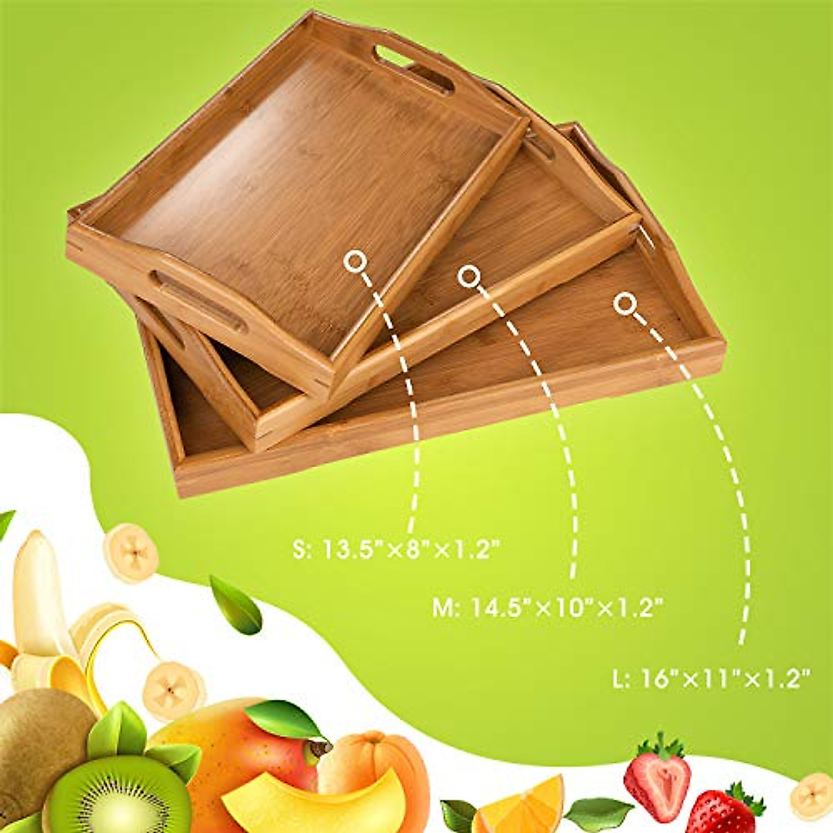 3 Pack Serving Tray,Large Bamboo Serving Tray with Handles Wood Serving Tray Set for Coffee,Food,Breakfast,Dinner