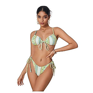 WDIRARA Women's Floral Print Tie Side Swimwear Straps Bikini Sets Swimsuits Green XS