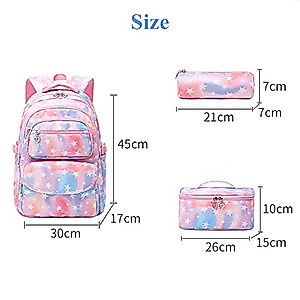 MITOWERMI Star-print Backpack for Girls Elementary School Bookbags Middle-School Backpacks with Lunch Box Pencil Case Many Compartments Blue