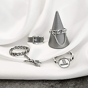 Adjustable Belt Buckle Rabbit Engraved Lucky B Chain Rings Set Silver For Women Goth Viking Kpop Punk Vintage Open Stackable Ring Set For Daughter Mom Jewelry