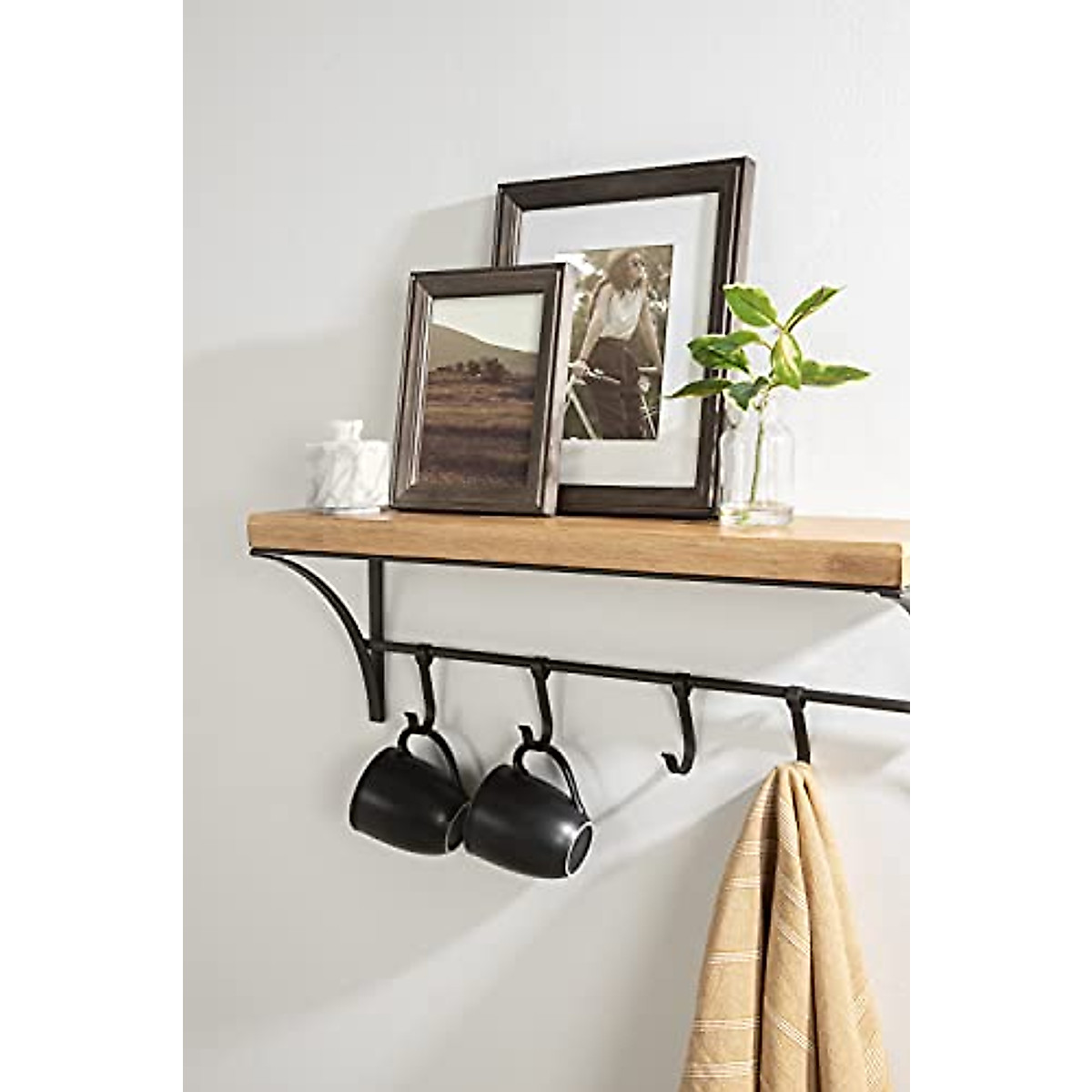 Kate and Laurel Ozias Farmhouse Shelf with Hooks, 24 x 9, Rustic Brown and Black, Sopisticated Coat Rack and Shelf for Storage and Display