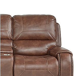 Roundhill Furniture Achern Brown Leather-Air Nailhead Manual Reclining Loveseat with Storage Console