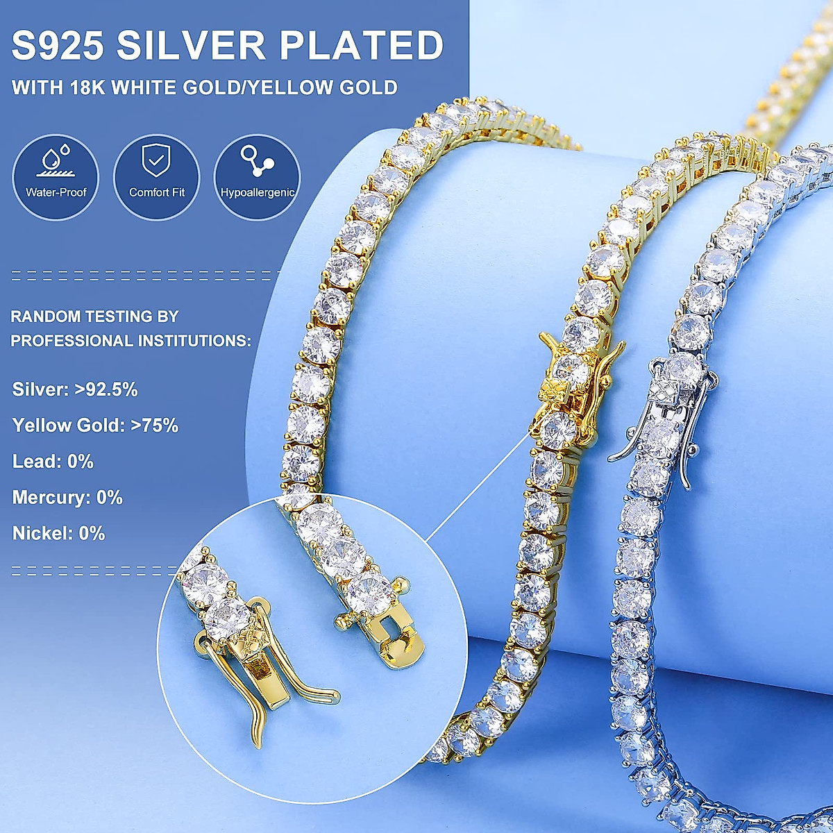 TUHE Moissanite Tennis Necklace 29.1 Carats 97 Pcs Lab Created Diamond Necklace for Men 18K White Gold Plated S925 Sterling Silver Women Necklace 4mm D Color Moissanite Necklace Thanksgiving Gift