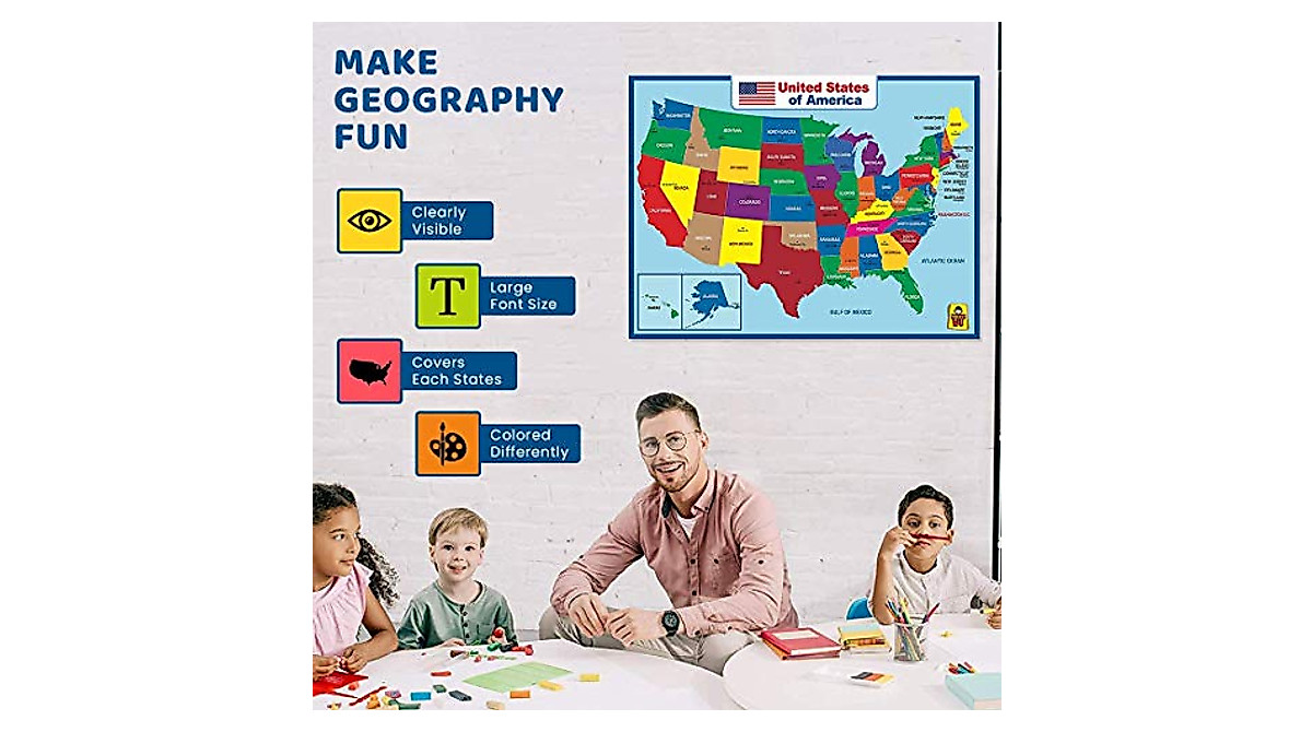 Laminated US Map Poster | Educational & Waterproof - 18x24"