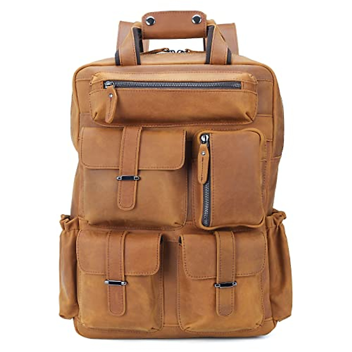 Cowhide Leather Multi Pockets 16 Inch Laptop Backpack Day Pack Travel Bag (Light Brown(Updated Version))