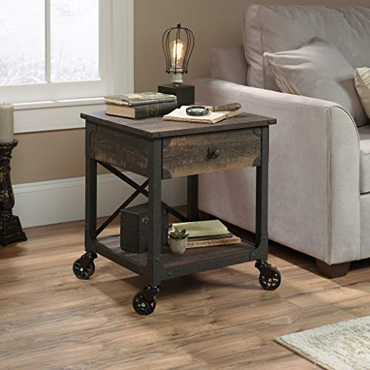 Sauder Steel River Side Table, L: 22.44" x W: 21.65" x H: 23.11", Carbon Oak Finish