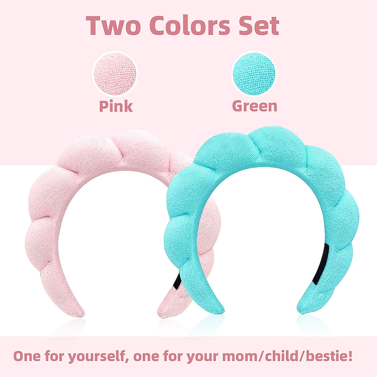 NewBang 2pcs Sponge Spa Headband for Women Terry Towel Cloth Fabric Skincare HeadBands Wristband for Washing Face Makeup Removal Shower Yoga Puffy Padded Soft Head Band Hairband Set Pink & Mint Green