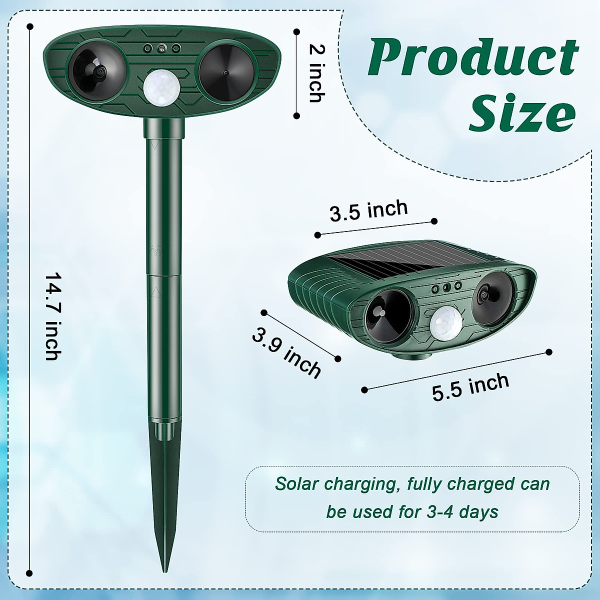Ultrasonic Animal Repellent Solar Powered Pest Repeller Motion Activated Cat Dog Deterrent Waterproof with Motion Sensor for Squirrels Raccoon Rabbit Fox, Garden Yard Farm (Green, 2 Pieces)