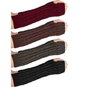 4 Pairs Knitted Arm Warmers Gloves Winter Long Fingerless Gloves Thumb Hole Gloves Mittens for Women and Men (Black, Dark Gray, Wine Red, Coffee)