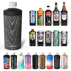 Frost Buddy Universal XL Can Cooler - Fits All - For 12, 16, 20, and 24 ounce Bottles - Insulated Double-Walled Stainless Steel (Black Wood)